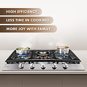 FOTILE GLS36502 36” Stainless Steel 5-Burner Gas Cooktop, Tri-Ring 22,000 BTUs Center Burner with Flame Failure Protection Removable Grates and Installation/LP Kit