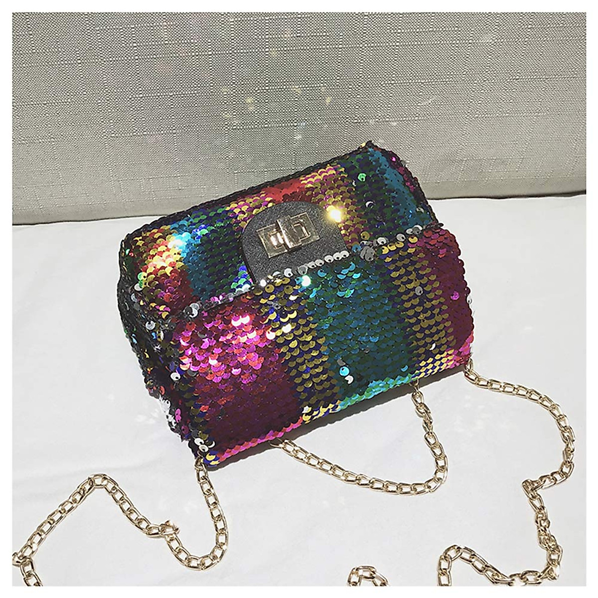Sequin Crossbody Purse Shoulder Bags Rainbow Stylish Handbag Reversible Pouch with Chains for Girls Womens