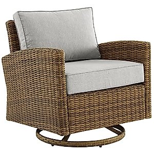 Crosley Furniture Bradenton Swivel Rocker Outdoor Chair, Wicker Patio Chairs for Porch, Deck, Balcony, Brown with Gray Cushions