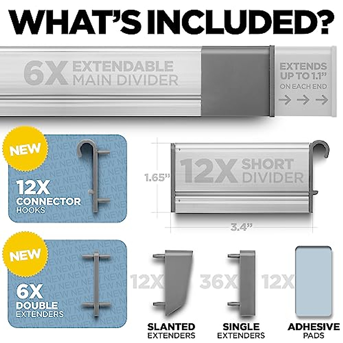 Practical Comfort Drawer Dividers, 18 pcs adjustable drawer dividers set, Made from high strength aluminum, 6 Main expandable drawer divider expand From 19.7" to 22" + 12 Sliding Separators 3.8"