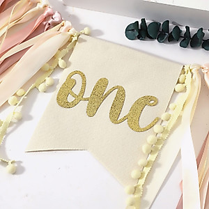 Pink Gold One Highchair Banner - Pink Birthday Party Decoration, Gold One High Chair Banner For 1st Birthday Girl, Cake Smash Photo Prop, Baby Shower Garland (Flower One Banner Pink)