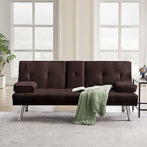 100% Fabric Linen Upholstered Futon Sofa Bed with 2 Cupholders/Legs/Removable Armrest, Modern Convertible Sleeper Couch, Upholstered Loveseat for Small Spaces, Memory Foam Living Seat, Brown