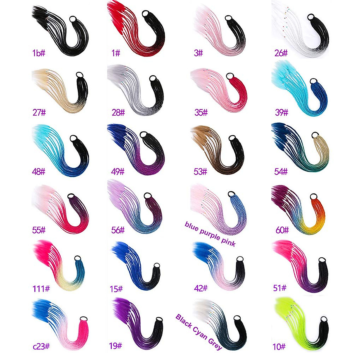 Large Hair Band Colorful Gradient Braided Ponytail Extention Hairstyle Hair Rope Accessories for Girls Wigs & Accessories 60 CM(27)