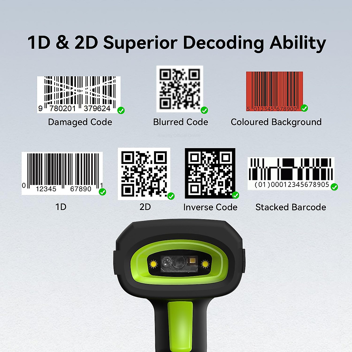 Alacrity Wireless Charging Barcode Scanner, 1D/2D Symbologies, Global Shutter Scan Sensor, Long-Distance 433MHz Wireless & Bluetooth Connectivity, Industrial Shock and Dust-Proof Barcode Reader, Green