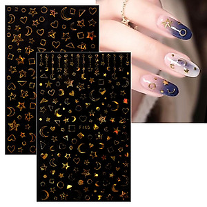 JMEOWIO 9 Sheets Moon Star Nail Art Stickers Decals Self-Adhesive Pegatinas Uñas Gold Silver Black Nail Supplies Nail Art Design Decoration Accessories