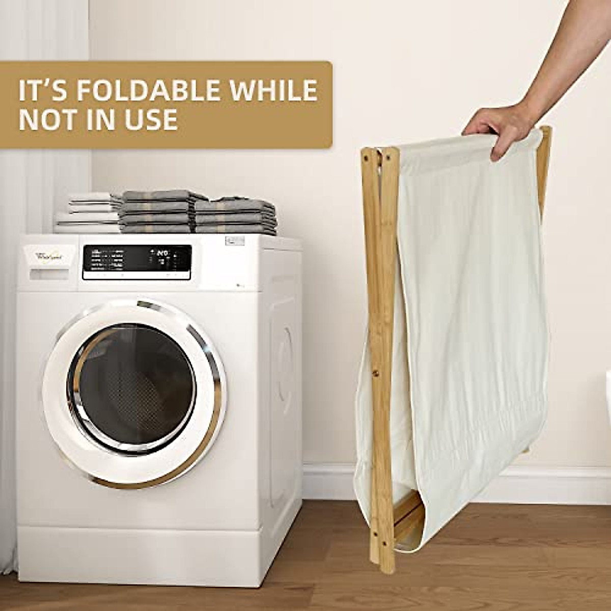 Bellglee Collapsible Bamboo Wood Laundry Hamper, Wooden X Frame Foldable Laundry Basket, Clothes Sorter Organizer with Linen Canvas Laundry Bag for Bedroom or Bathroom