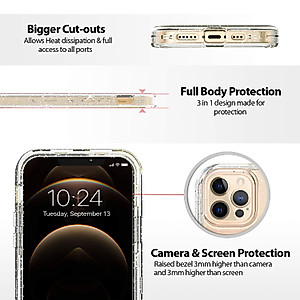 Coolwee Crystal Glitter Full Protective Case Compatible with iPhone 12 Pro Max Heavy Duty Protection Hybrid 3 in 1 Rugged Shockproof Women Girls Transparent Shiny Clear Bling Sparkle