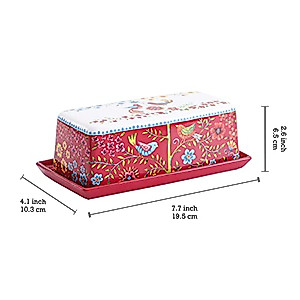 Bico Red Spring Bird Ceramic Butter Dish with Lid, Butter Keeper for Counter, Kitchen, Dishwasher Safe