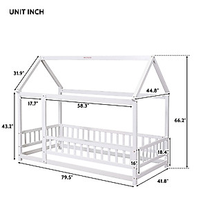 CITYLIGHT Twin Floor Bed Frame, Pine Wood, White With Roof, 20"W