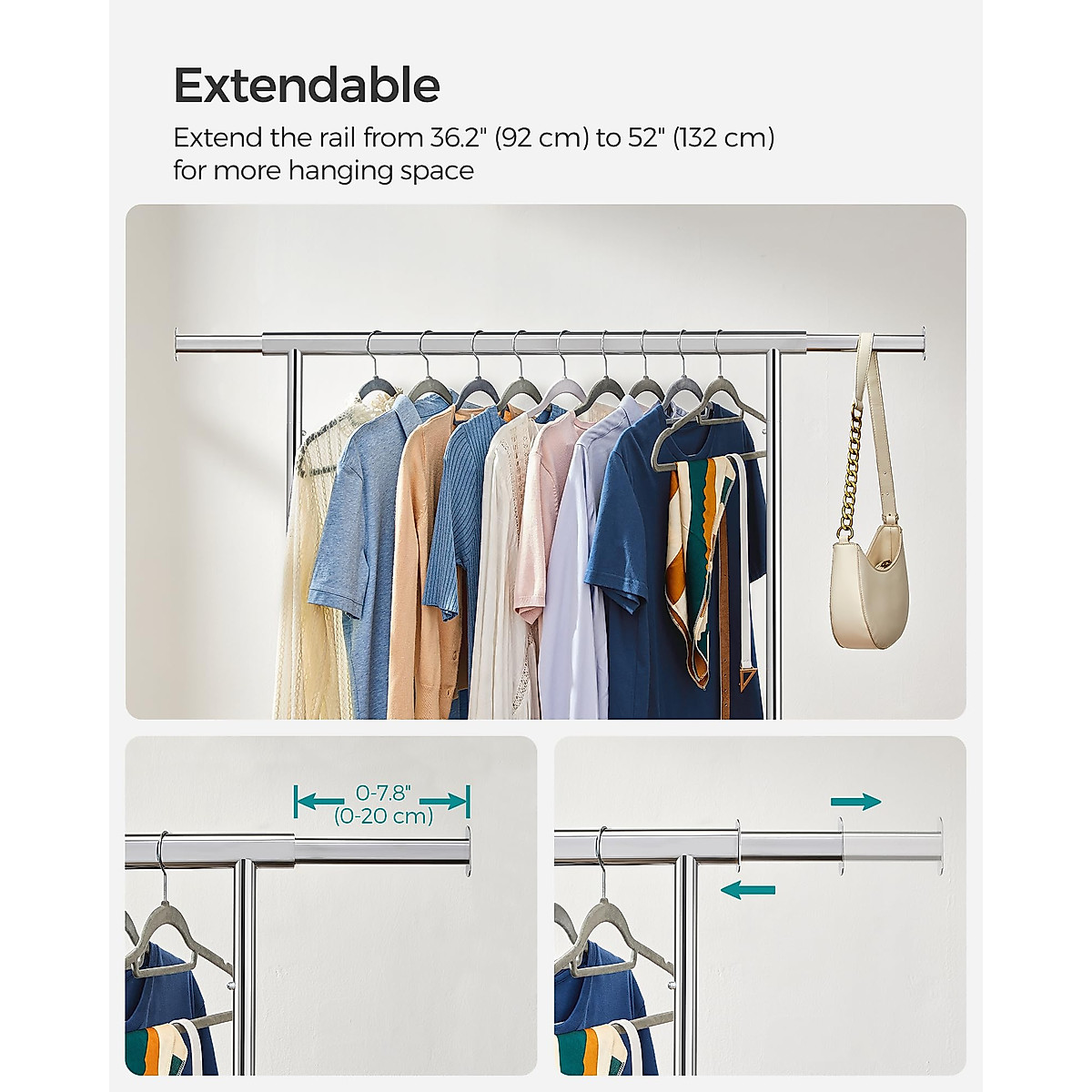 SONGMICS Clothes Rack with Wheels, Heavy-Duty Clothing Rack for Hanging Clothes, Portable Garment Rack, with Extendable Hanging Rail, 220 lb Load Capacity, Silver UHSR13SV1