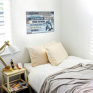 Dolphins Bathroom Decor Wall Art Beach Shell Themed Blue Ocean Animal Pictures Canvas Print Nautical Decor Artwork Life Inspirational Quotes Painting Framed Decoration for Living Room Bedroom12x16inch