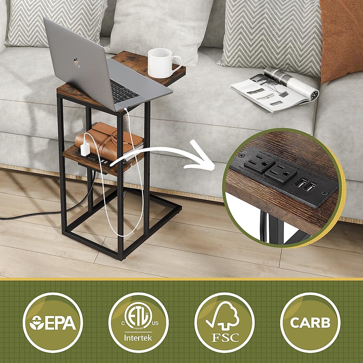 Yoobure C Shaped End Table with Charging Station, Small Side Tables for Living Room, Bedroom, Sofa Table with USB Ports and Outlets for Small Spaces, C Couch Table Rustic Snack Table Bed Side Table