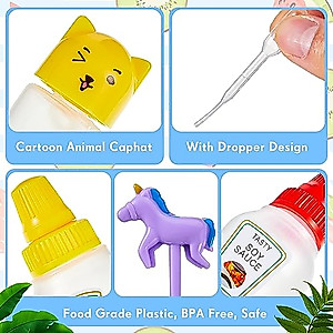 26 Pcs Lunch Bento Soy Sauce Case Container 5 Mini Plastic Condiment Squeeze Bottles Cute Kids Lunch Accessories with Dropper 20 Animal Food Picks for Honey Salad Sauces Oil Ketchup (Vivid Style)