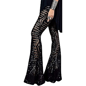 XBTCLXEBCO Sequin Bell Bottoms for Women Glitter High Waist Wide Leg Palazzo Pants Casual Sparkle Flared Trousers Disco Pants (Black, X-Large)