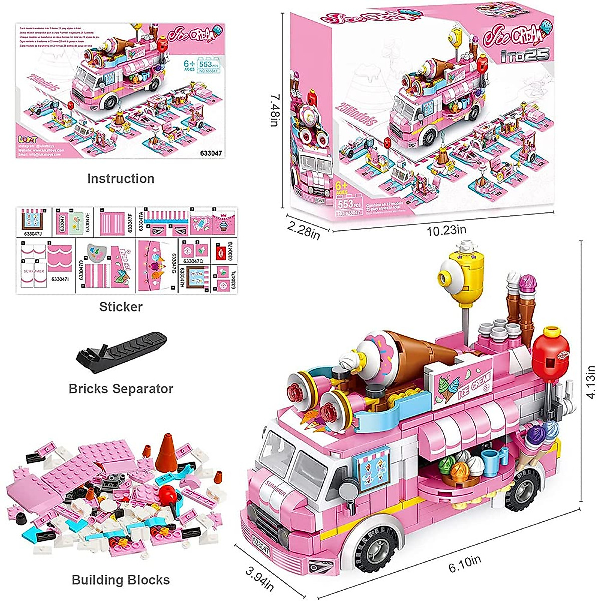Girls Building Blocks Toys 553 Pieces Ice Cream Truck Set Toys for Girls 25 Models Pink Building Bricks Toys STEM Toys Construction Play Set for Kids Best Gifts for Girls Age 6-12 and Up