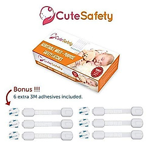 CUTESAFETY Child Proof Safety Locks - Baby Proofing Cabinet Lock with 6 Extra 3M Adhesives - Adjustable Strap Latches to Cabinets,Drawers,Cupboard,Oven,Fridge,Closet Seat,Door,Window (White, 6)