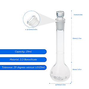 ALWSCI 25 ML Volumetric Measuring Flask Set NS12/14 Glass Stopper, Graduated, ASTM Class A Borosilicate Glass 3.3 for Laboratory, 2 PCS