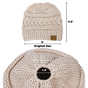 Pukavt 1 Pack Winter Hat Ponytail Beanie Hat for Women, Soft Stretch Cable Knit Messy Bun Beeanie,Trendy and Warm Beige