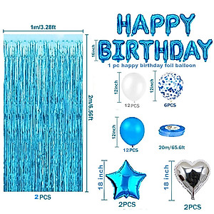 Blue Birthday Party Decorations Set with Blue Happy Birthday Balloons Banner, Confetti and Latex Balloon, Heart Star Foil Balloon, Foil Fringe Curtain for Blue Theme Birthday Party Supplies