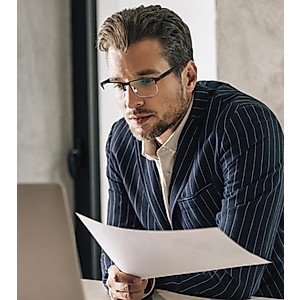 Missfive 2 Pack Mens Quality Progressive Multifocus Reading Glasses Blue Light Blocking, Man Spring Hinge No-Line Multifocal Readers Half Frame Metal Eyeglasses (Workspace For Near Range, 2.5x)