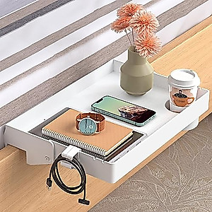 SPACELEAD Bedside Shelf for Bed, College Dorm Room Clip On Nightstand with Cup Holder & Cord Holder -Tray Table Caddy for Students, Bunk Bed Shelf for Organizer Top for Bedroom (White，Plastic)