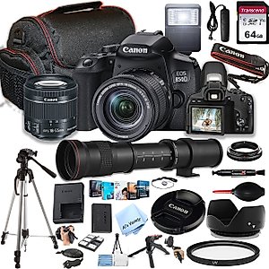 Canon EOS 850D / Rebel T8I DSLR Camera w/EF-S 18-55mm F/4-5.6 STM Zoom Lens + 420-800mm Super Telephoto Lens + 64GB Memory, Case, Tripod, Flash, Remote, and More (36pc Bundle)