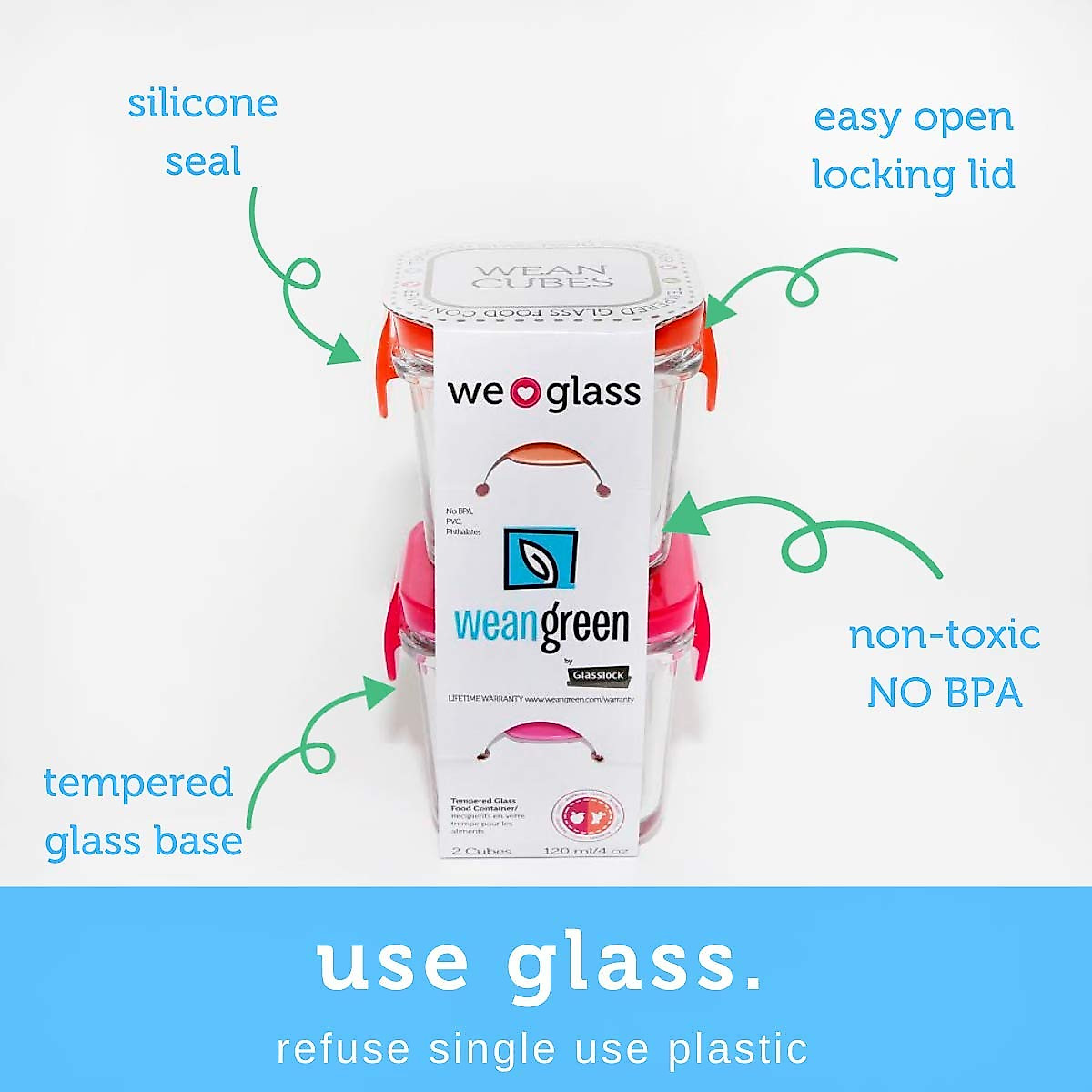 Wean Cube Glass Food Storage Raspberry Carrot Combo - Pack of 2 x 4 oz square containers Pink & Orange