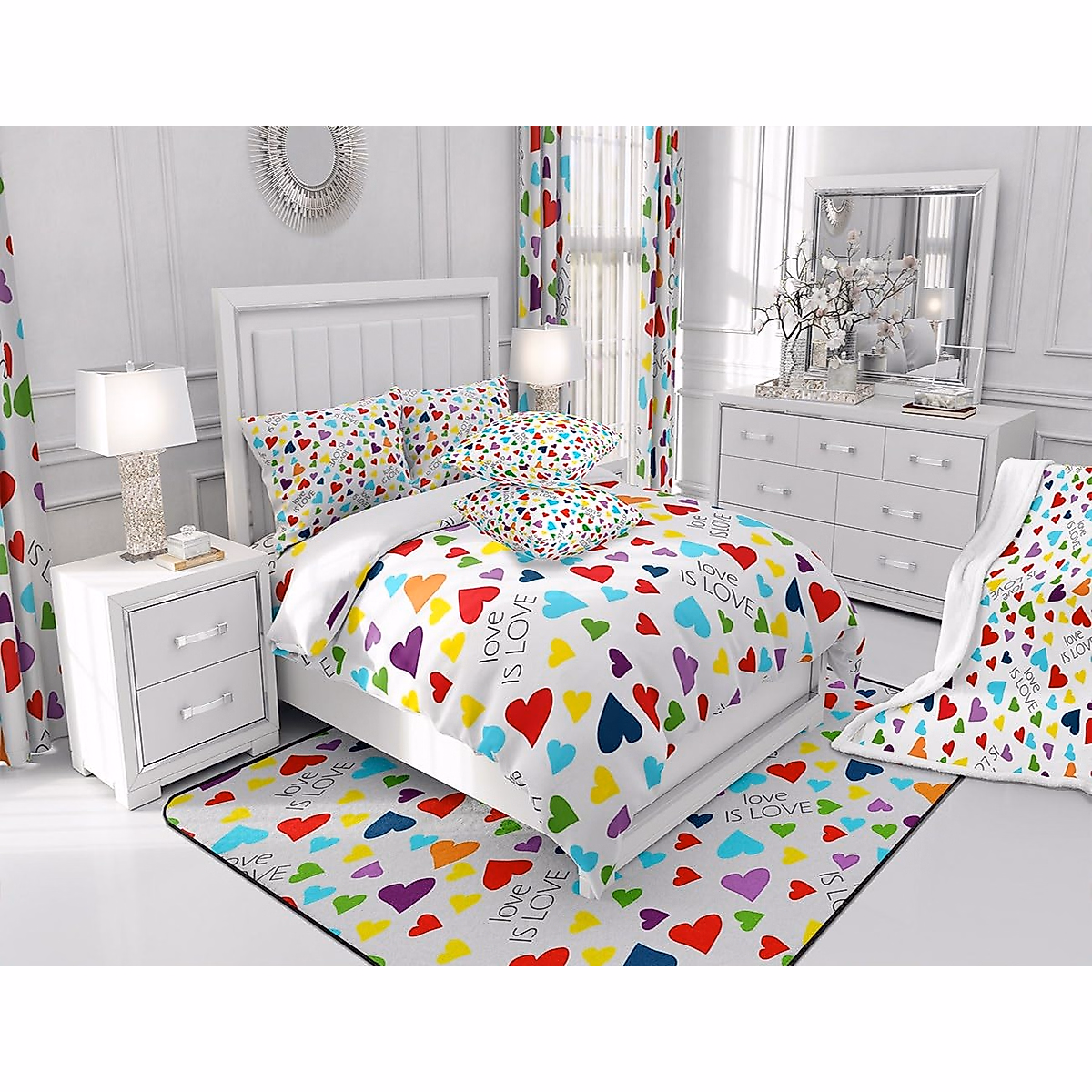 jejeloiu Kids Heart Love Sheet Set King Size Geometric Love Pattern Bed Sheets Set Romantic Sheets with Deep Pocket Fitted Sheet Valentine's Day Colorful Bedding Set with 2 Pillow Case