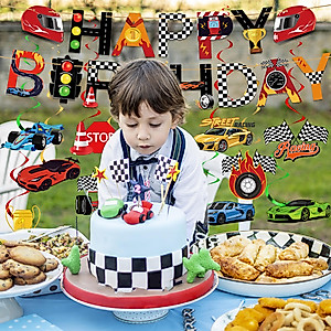Race Car Party Decorations Race Car Happy Birthday Banner Race Car Hanging Swirls Car Themed Honeycomb Centerpieces for Race Car Birthday Baby Shower Party Supplies