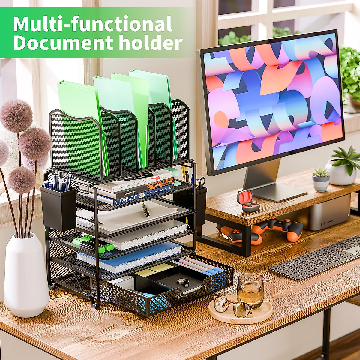 Simple Trending 5 Tier Mesh Desk File Organizer, Paper Letter Tray File Holder with Sliding Drawer Organizer for Office Home, Black