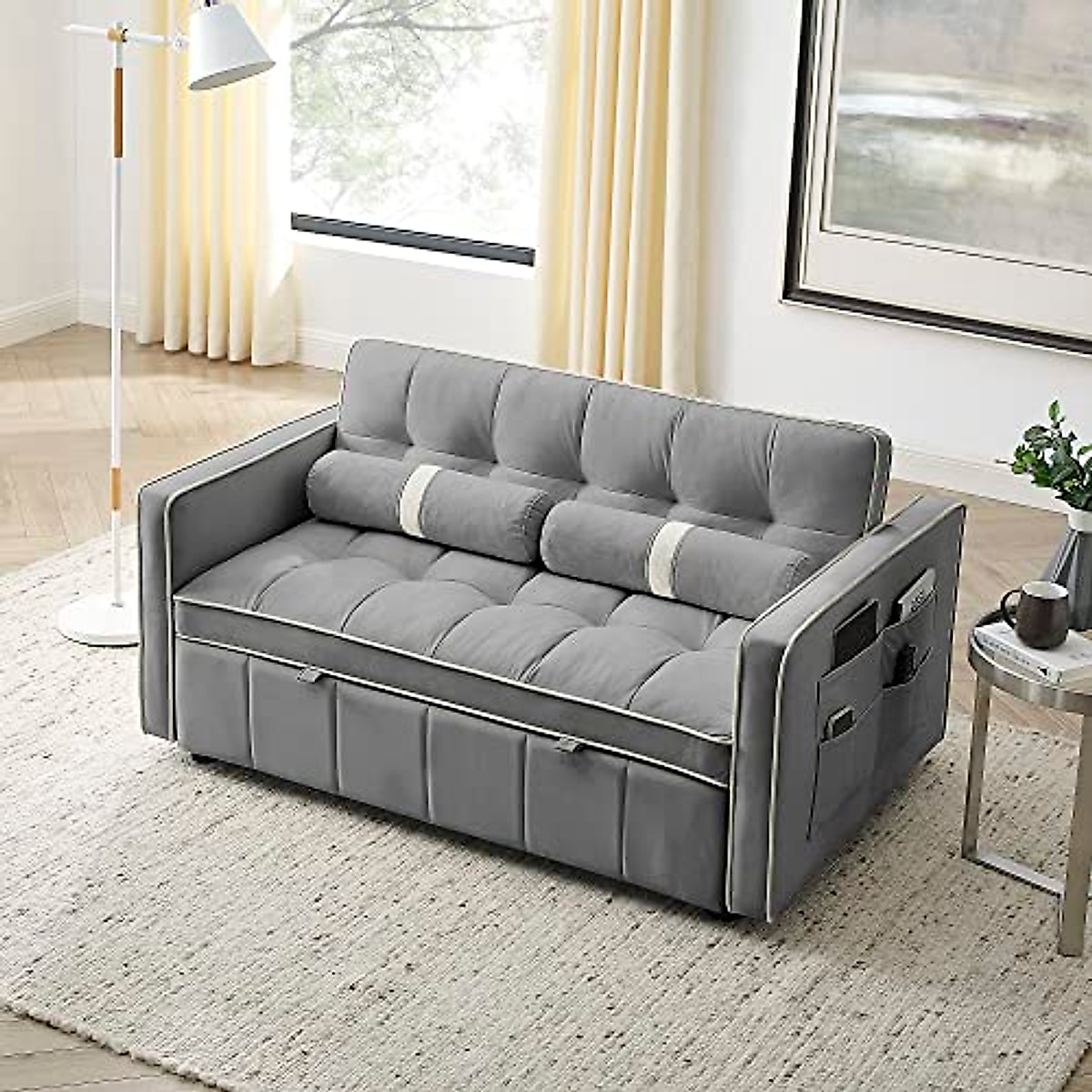 HomSof Modern 55.5" Pull Out Sleep Bed 2 Seater Loveseats Sofa Couch with Side Pockets Adjsutable Backrest and Lumbar Pillows for Apartment Office Living Room, Style E, Grey