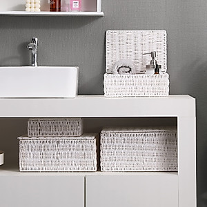 4 Set of Storage Baskets (Pearl White) - Rattan Decorative Box & Closet Organizers and storage & Basket with Lid & small basket with lid, decorative baskets for Clothes, Toys, Books