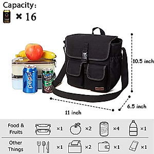 Scorlia Insulated Lunch Bag, Leakproof Lunch Cooler Bag With Adjustable Shoulder Strap, Durable Reusable lunch Box with Side pockets and Drinks Holder for Men Women Work, School, Picnic, Black