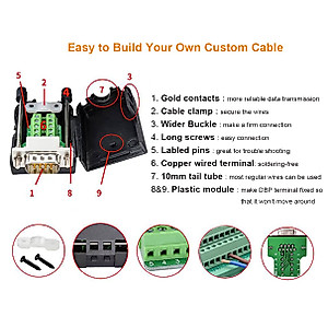 DTech DB9 Breakout Connector, Male RS232 Serial Adapter, Solderless Module Board with Screw Terminals, Case, Long Bolts, Tail Pipes