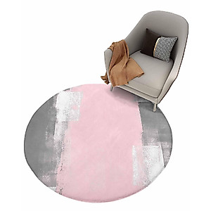 Contemporary Fluffy Round Area Rug Carpets 3.3ft, Plush Shaggy Carpet Soft Circular Rugs, Non-Slip Fuzzy Accent Floor Mat for Living Room Bedroom Nursery Pink Grey Abstract Minimalist Painting Art