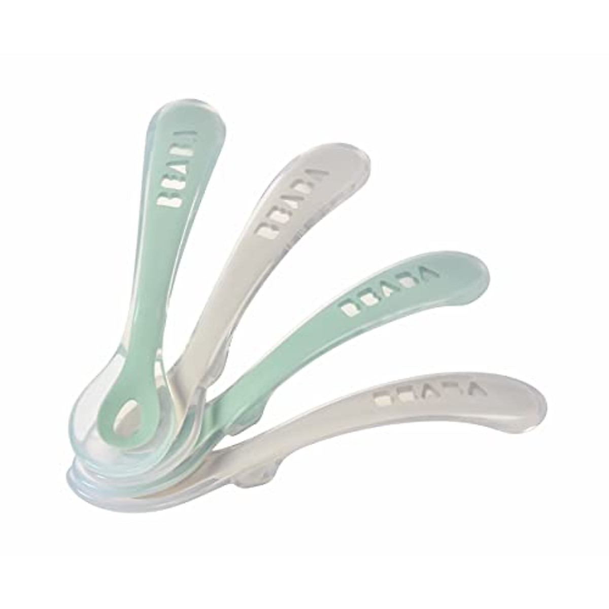 BEABA Second Stage Silicone Spoons for Self Feeding Babies, The Original Soft Tip Silicone Spoons, BPA Lead Phthalate and Plastic Free, Great Gift Set (4 Pack) (Sage)
