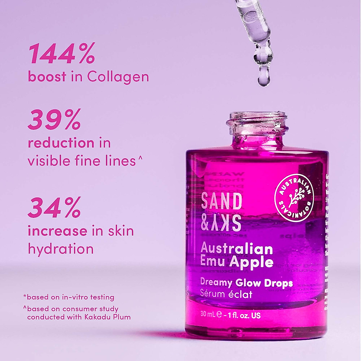 Sand & Sky Australian Glow Berries Dreamy Glow Drops - Bi-Phase Hyaluronic Acid Serum with Vitamin C and Jojoba Oil Facial Serum Face Care