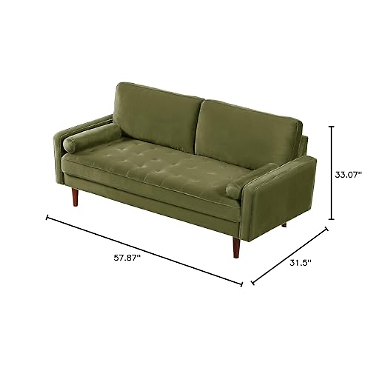 Container Furniture Direct Velvet 58" Loveseat Sofa Couch for Living Room, Classic Mid-Century Style with Modern Silhouette, Button Tufting and Wood Legs, Includes 2 Bolster Pillows, Olive Green
