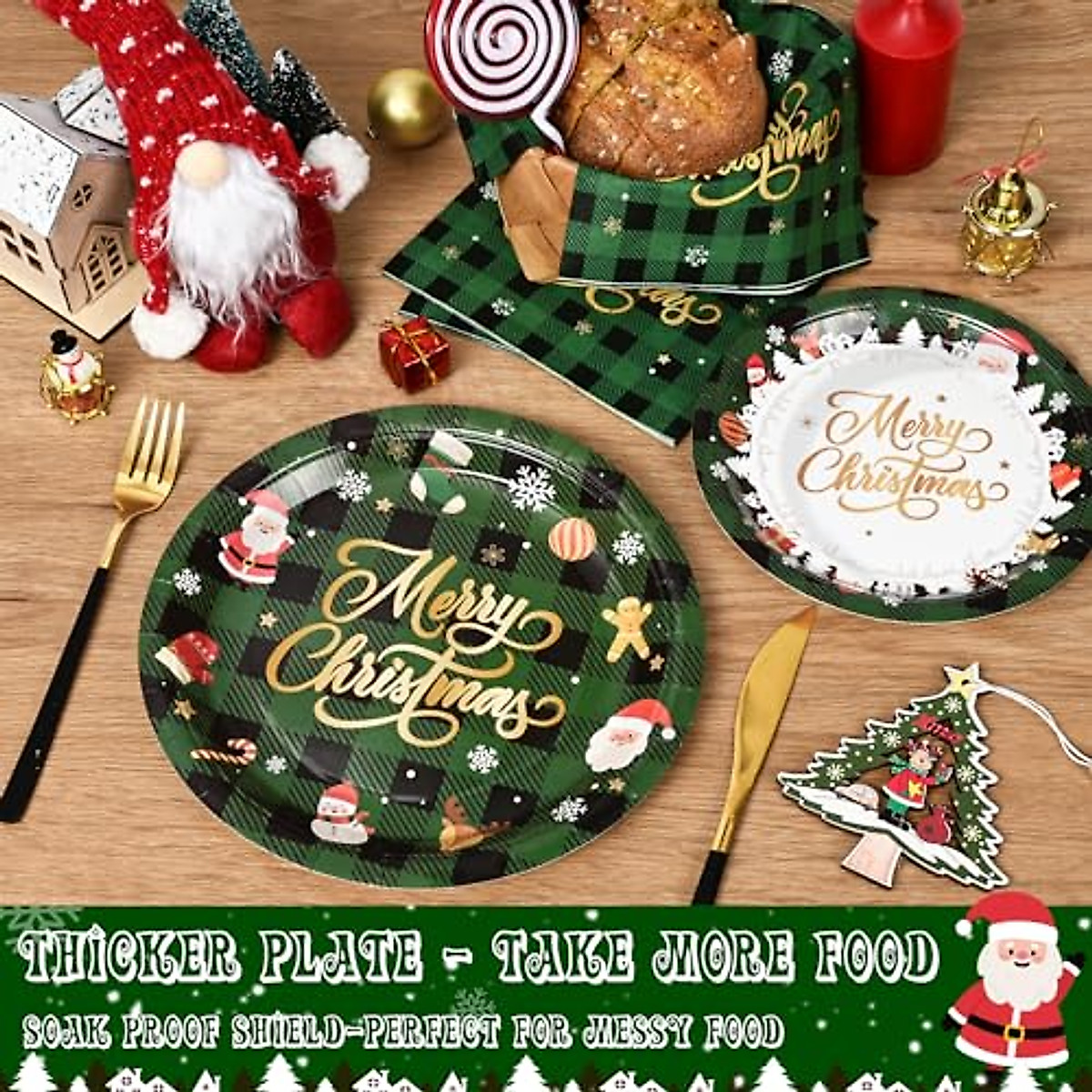 Homlouue 200 PCS Christmas Paper Plates and Napkins, Merry Christmas Disposable Dinnerware Set, Green and Black Plaid Paper Plates Christmas Party Supplies, Cute Cartoon Santa Snowman Plates Serves 50