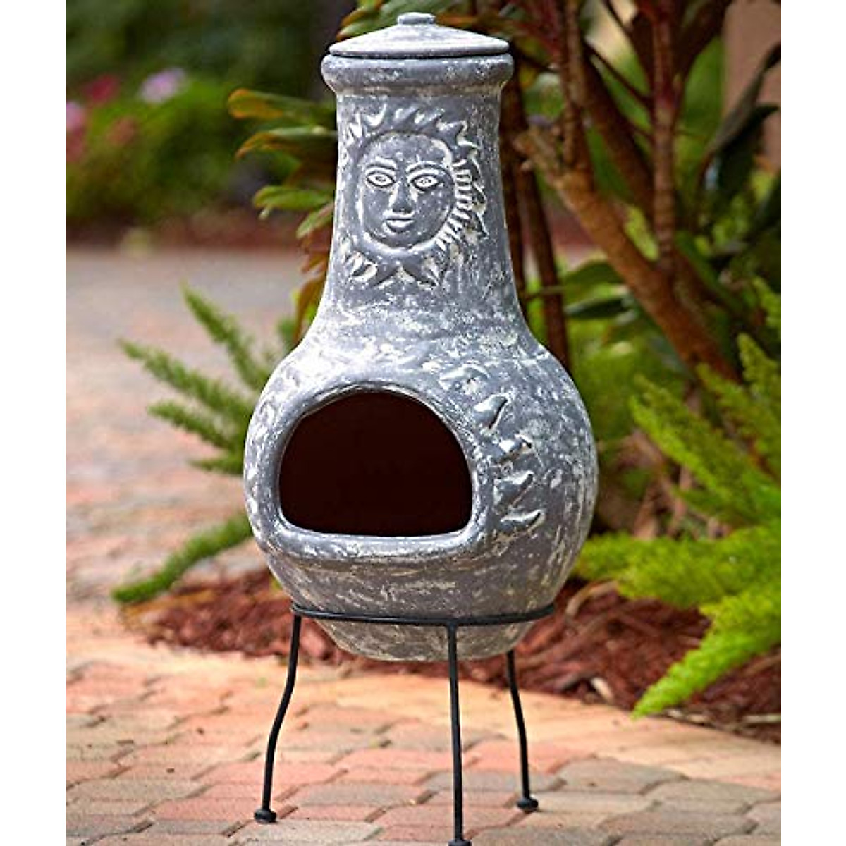 Outdoor Clay Chiminea Fire Pit Overall Size 34.2 inch Tall - Patio Handcrafted Chimenea, Backyard Fireplace with Cover Lid, Rustic Ceramic Chimney