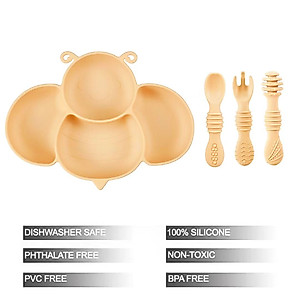 PandaEar Silicone Suction Plates with 3 Spoons Forks for Babies & Toddlers| Divided Unbreakable Toddler Plate| Baby Led Weaning Supplies Self Feeding Eating Utensils| BPA-Free