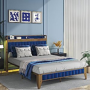 Saudism LED Bed Frame with Charging Station, Queen Size Bed Frame with Headboard Storage, Sturdy and Durable, No Box Spring Needed, Gold+Navy Blue