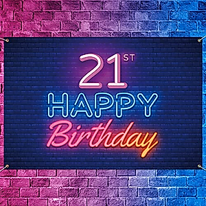 Glow Neon Happy 21st Birthday Backdrop Banner Decor Black – Colorful Glowing 21 Years Old Birthday Party Theme Decorations for Men Women Supplies
