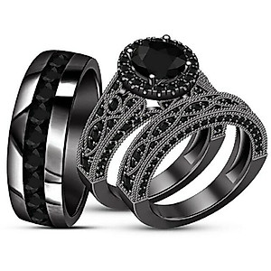 14K Black Gold Over Round Cut Black Diamond 925 Sterling Silver Diamond Engagement Wedding Trio Ring Set for His & Her