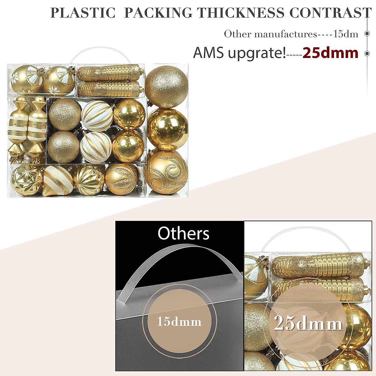 AMS 81ct Christmas Ball Ornaments Holiday Tree Decorations in a Reusable Hand-Help Gift Box for Xmas Tree Decor(Gold)