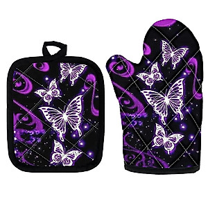 KEIAHUAN Purple Butterfly Oven Mitts and Pot Holders Set for Women Girl, Heat Resistance Flexibility of Pure Cotton and Soft Cloth Lining, 500 F Heat Resistant