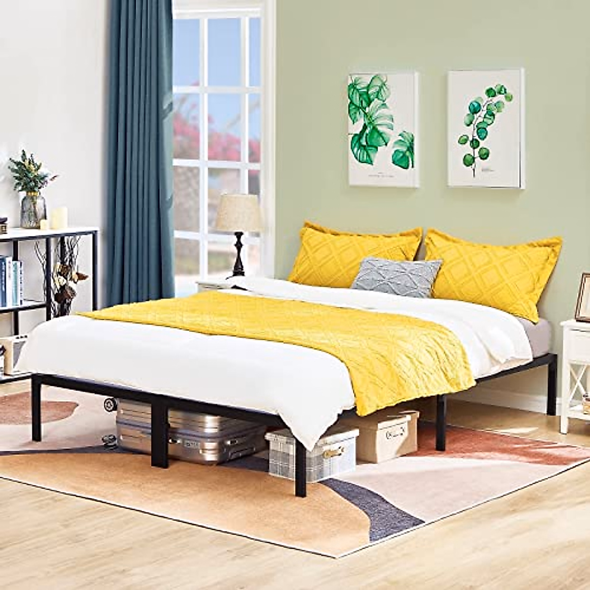 GreenForest 70 in L Shaped Desk with Drawers and Printer Stand and Queen Size Bed Frame Easy Quick Assembly