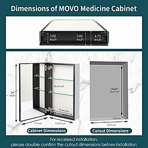 Movo 15 Inch x 24 Inch Medicine Cabinet with Mirror,Black Aluminum Framless Bathroom Mirror Medicine Cabinet,Recessed or Surface Mount Medicine Cabinet for Bathroom with Adjustable Shelves