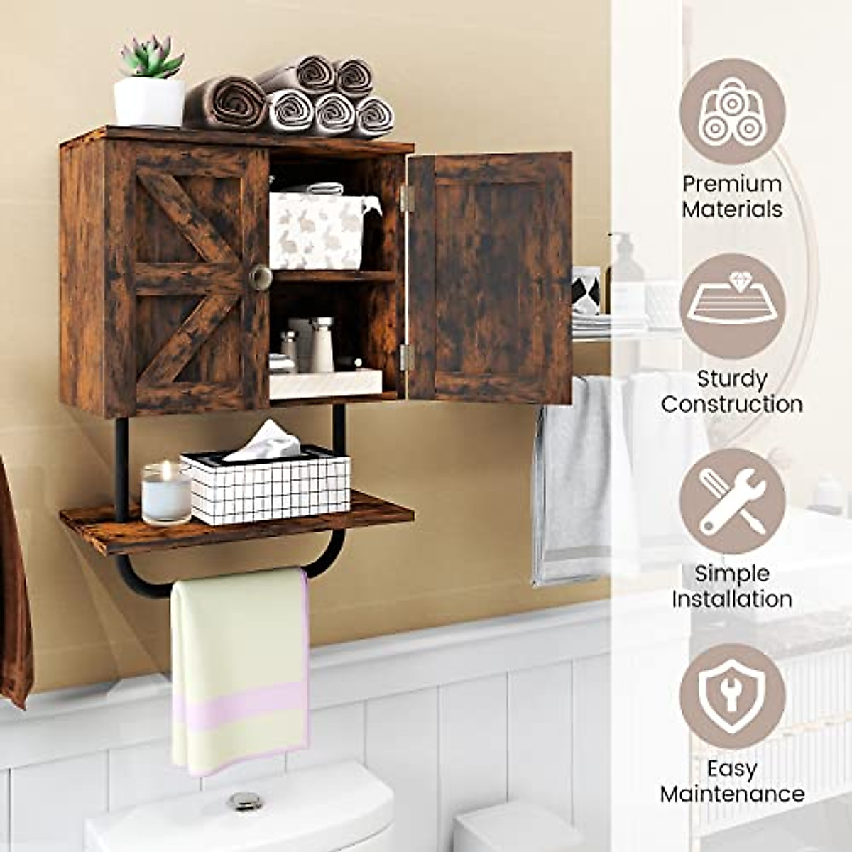 LOKO Bathroom Wall Cabinet, Space Saver Medicine Cabinet with 2 Doors, Storage Shelves & Towel Bar, Wall Mounted Towel Cabinet for Bathroom, Kitchen, Entryway (Rustic Brown)