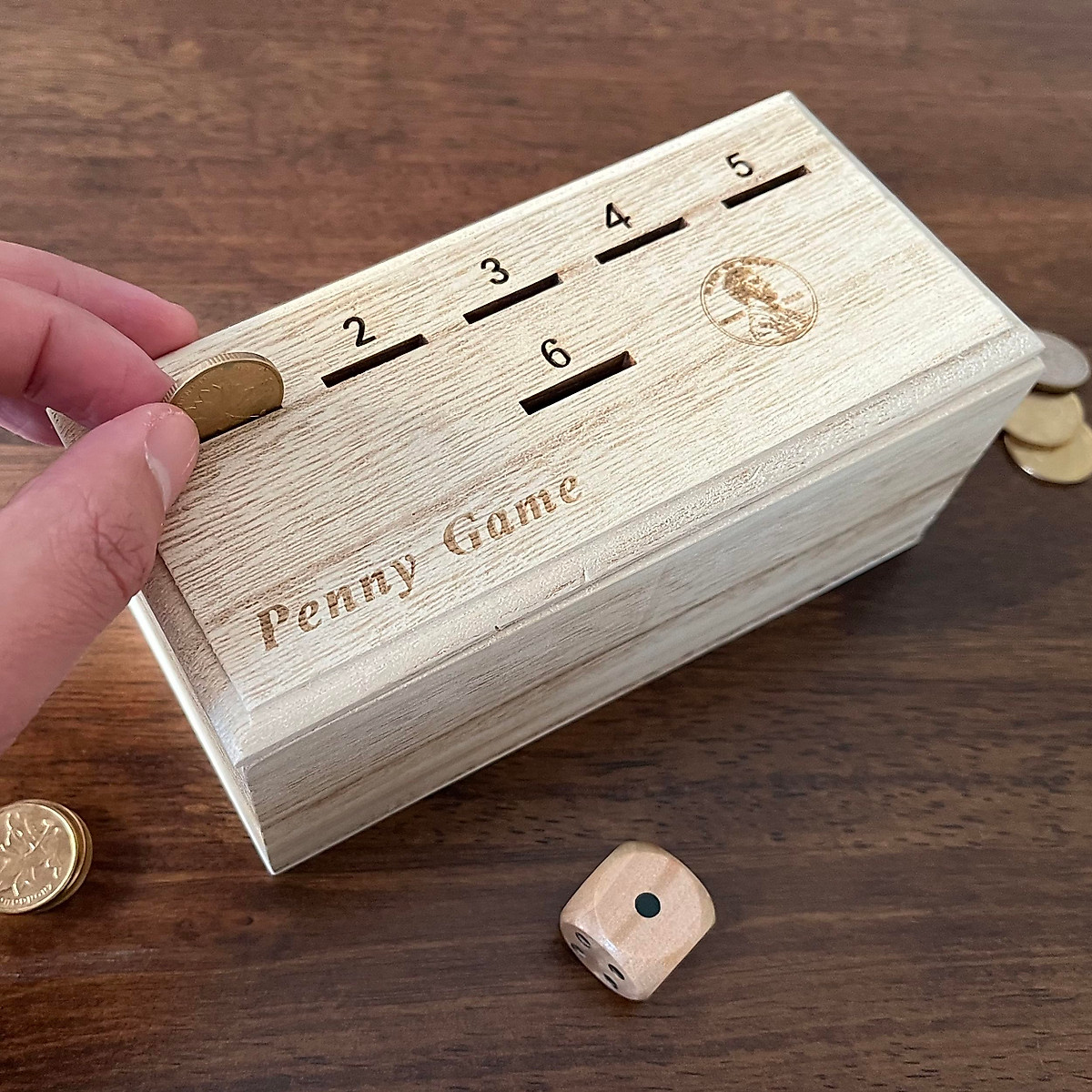 Penny Game - Fun Board Game Works with Coines, Get Rid of Coins to Win, Penny Game Wood Box for 2+ Players, Simple + Strategic Dice Games